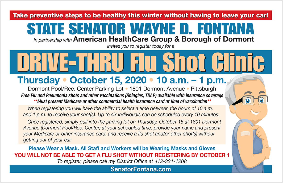 Save the Date! Drive-Thru Flu Shot Clinic - State Senator Wayne Fontana Save the Date! Drive-Thru Flu Shot Clinic - State Senator Wayne Fontana